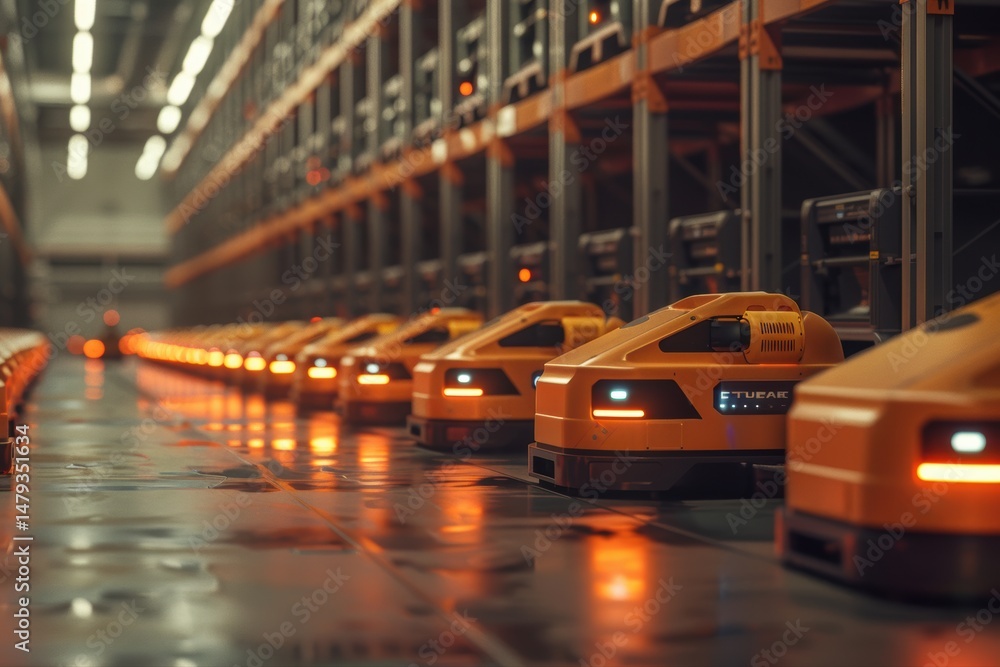 Row of yellow automated robots (AMRs) in modern industrial warehouse aisle. Show high-tech ...