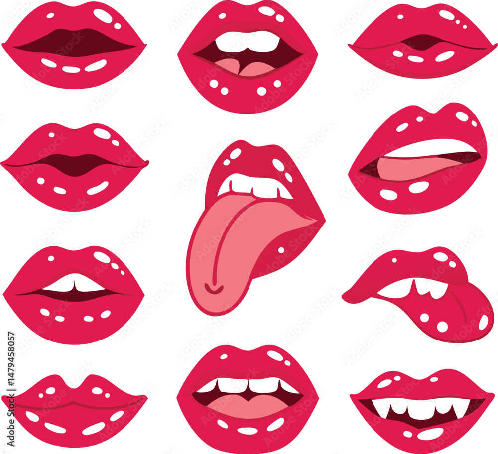 Red lips collection. Vector illustration of sexy woman's lips expressing different emotions ...