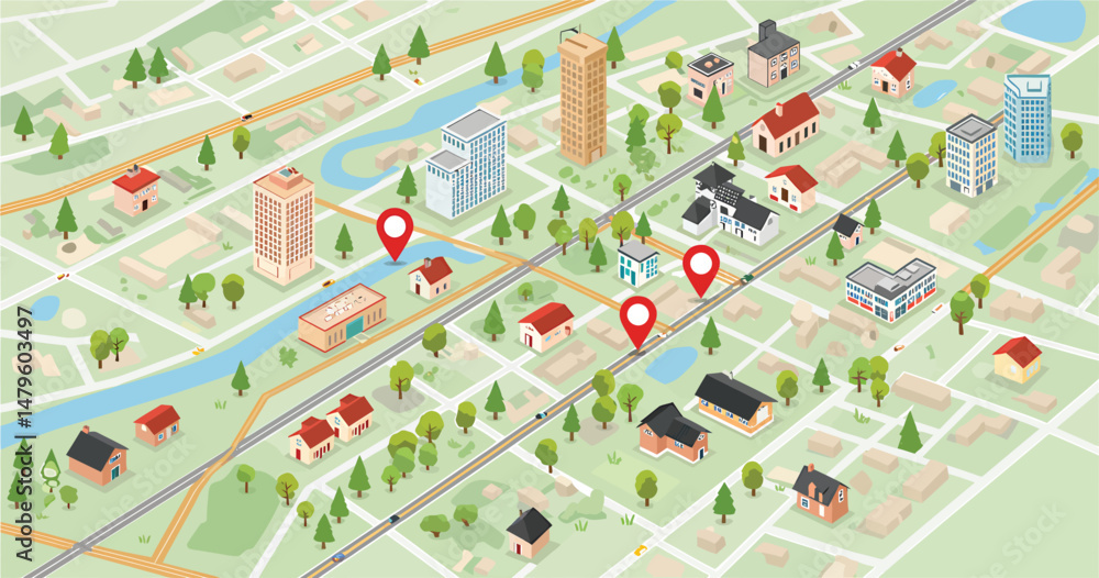 Vector Map Elements: Roads, Trees, Buildings, Location Pins Stock ...