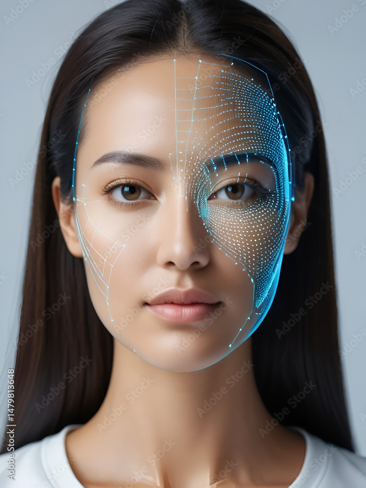 Human face with biometric data, facial recognition technology, digital AI person on computer ...