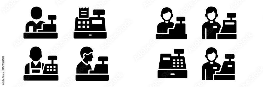 Set of web icons depicting cash register and cashier roles in various ...