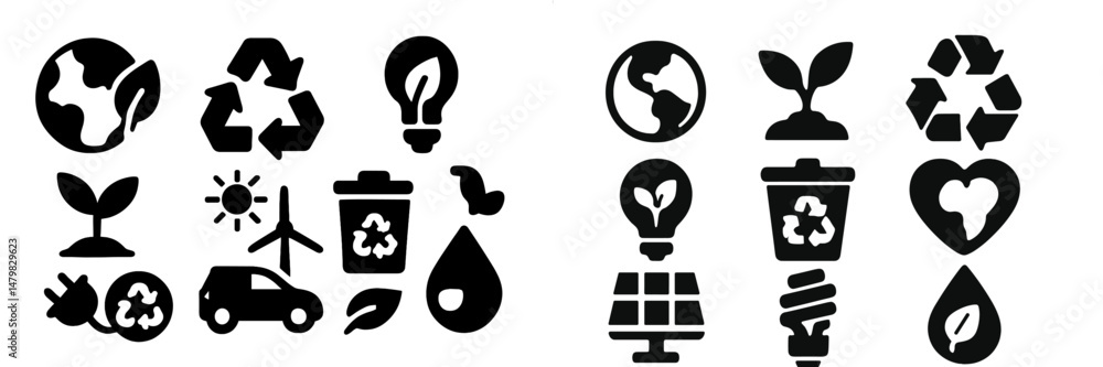 Collection of eco-friendly web icons illustrating sustainable practices ...