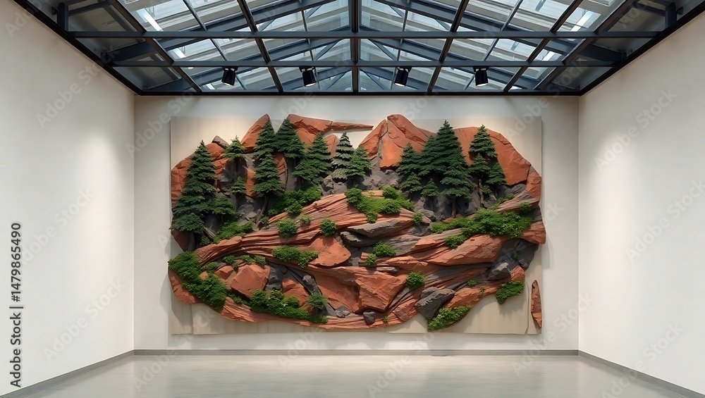 Landscape art installation with trees and rock formations in a modern ...