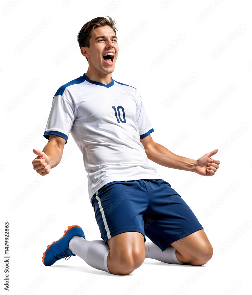 Excited soccer player celebrating his goal while sliding on his knee ...