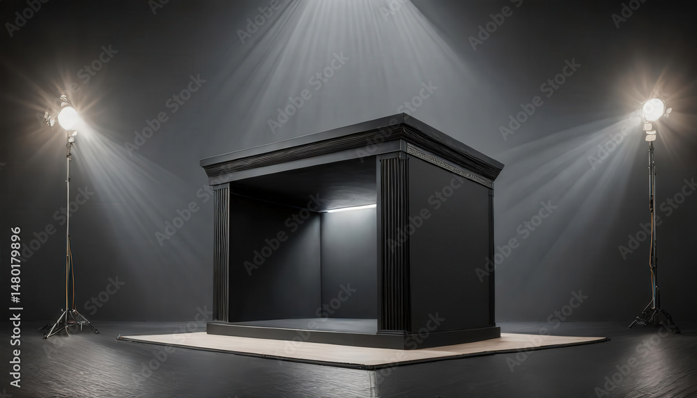 Modern black box theater with spotlight details and matte finishes ...