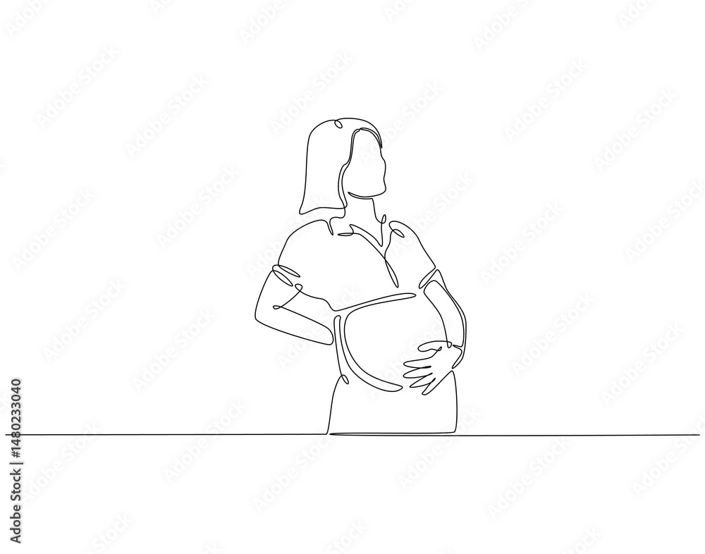 Continuous one line drawing of pregnant woman touching her belly. One ...
