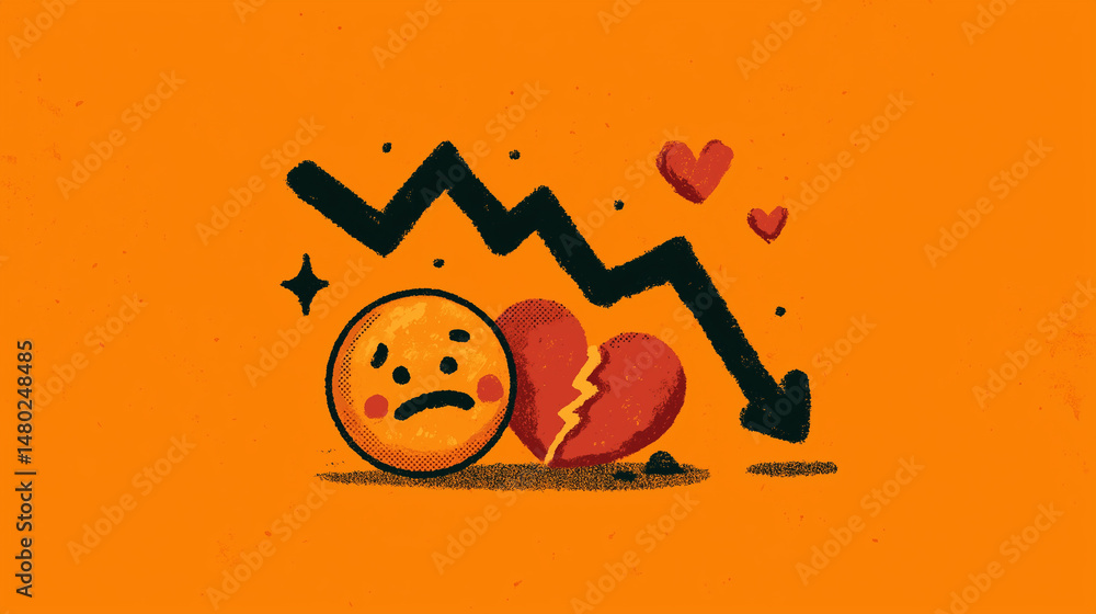 illustration of a love or relationship decline graph with sad face ...
