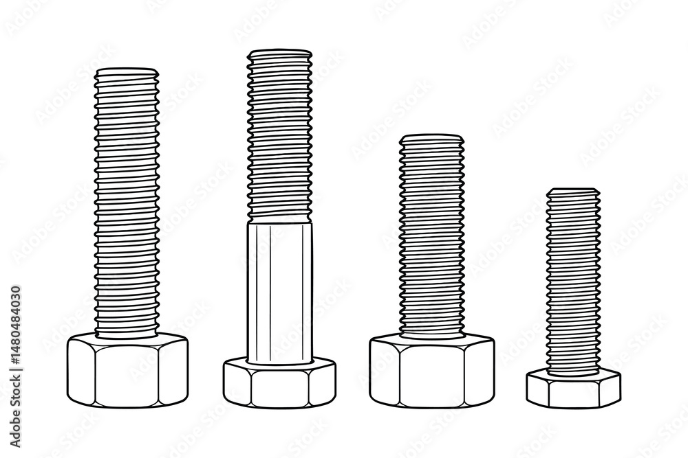 Isolated line art vector illustration of 4 metal screws with bolt heads ...