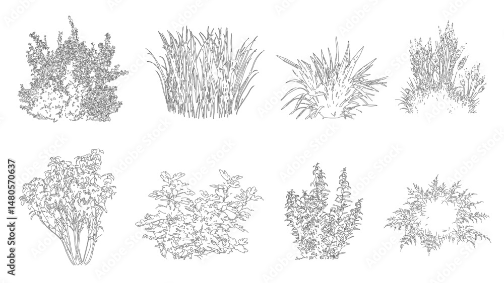 set of shrubs line cad, minimal isolated on white background. Ground ...