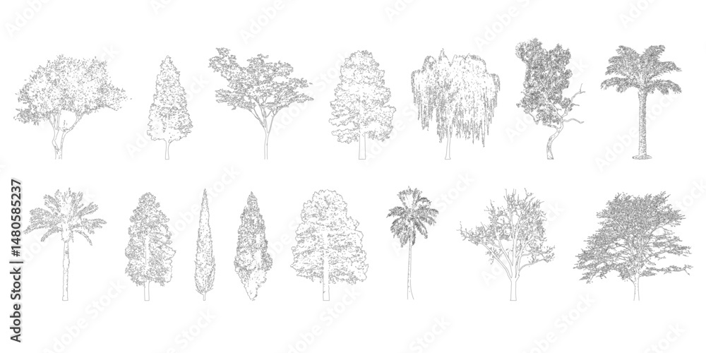 Minimal style cad tree line drawing, Side view, set of graphics trees elements outline symbol ...