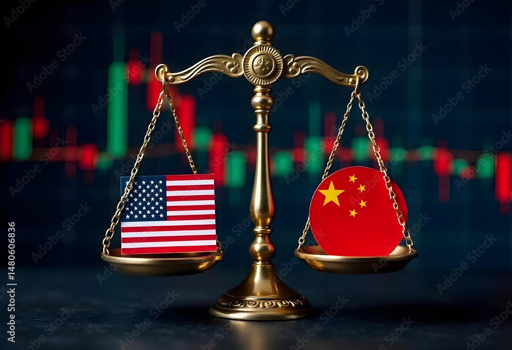 USA flag on the left side of a balance and China flag on the right side ...