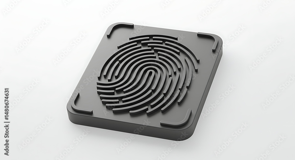 Fingerprint scan on a rounded square platform, black on white, secure ...