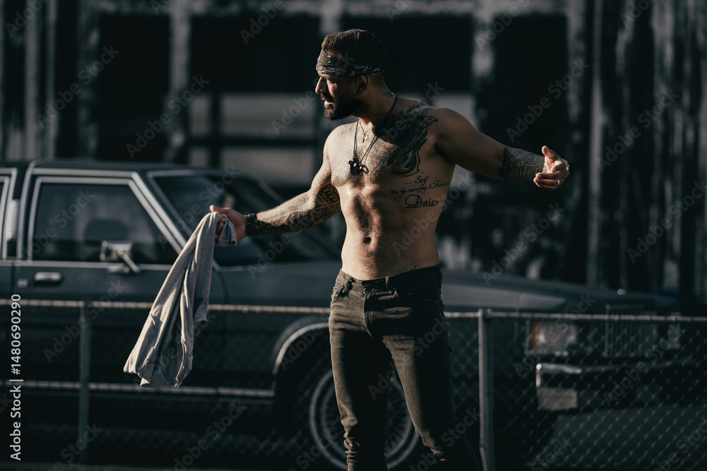 Gangster outdoor portrait. Gangster crime guy. Crime gang members ...