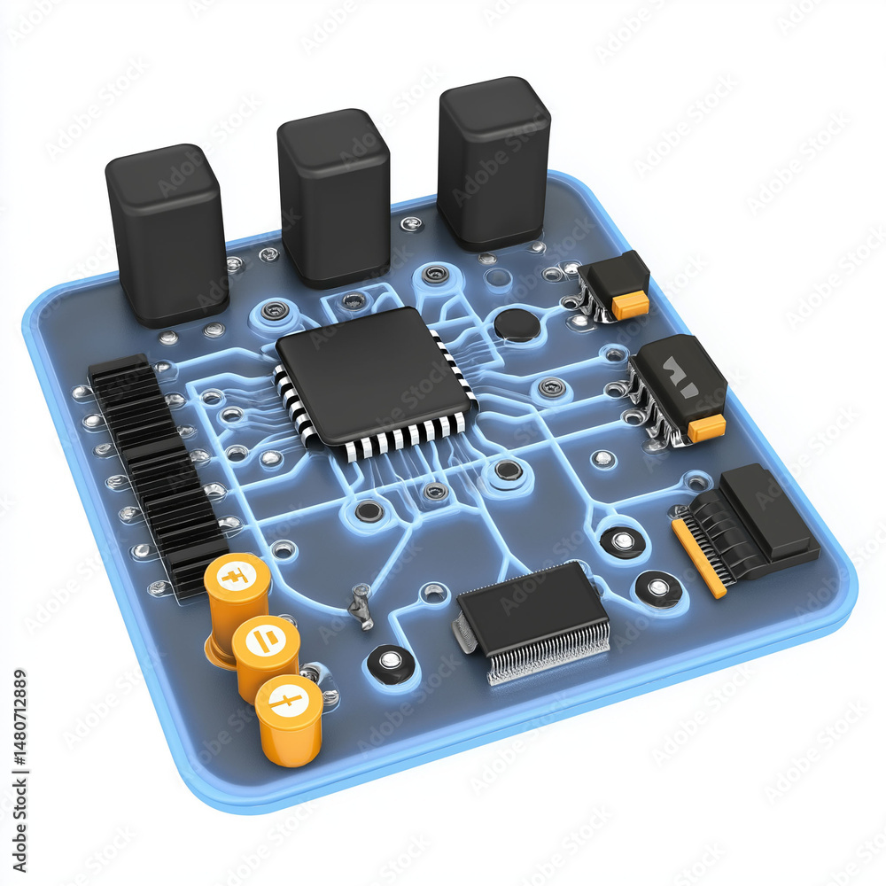 Embedded system firmware robotics. Microcontroller automation. 3D clip art. Firmware-controlled ...