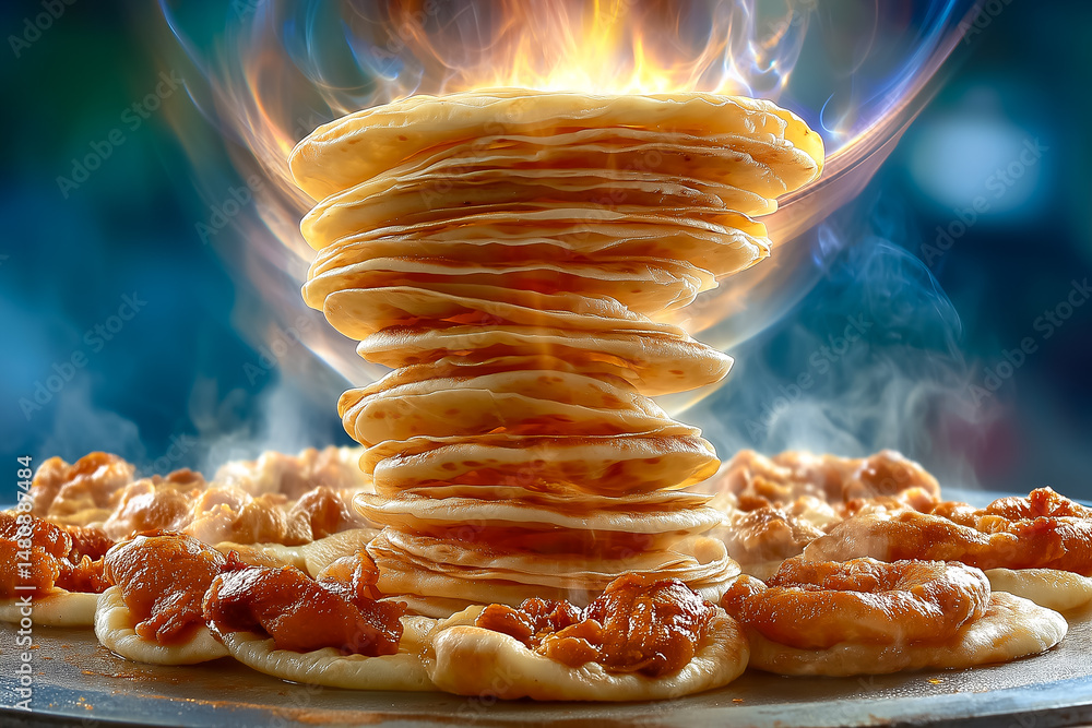Roti canai dough twirled overhead with dynamic motion blur and golden ...