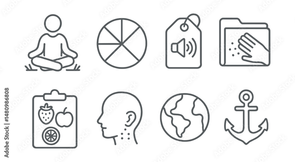 Line style icons of sensory grounding: grounding technique icon, color ...