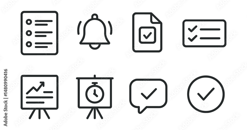 Line style icons of virtual meeting preparation: agenda icon, reminder ...