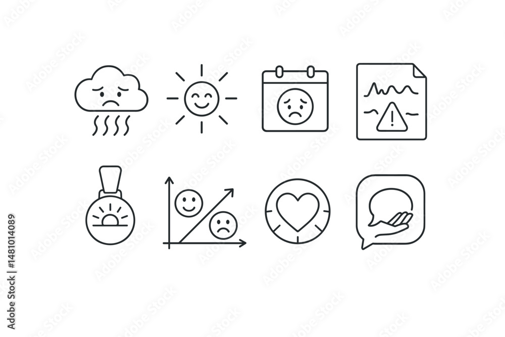 Стоковий вектор Line style icons of mental health vocabulary: anxiety ...