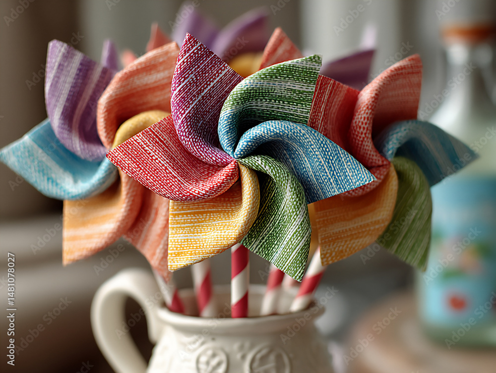 pinwheels made by children using straws and paper. Stock Photo | Adobe ...