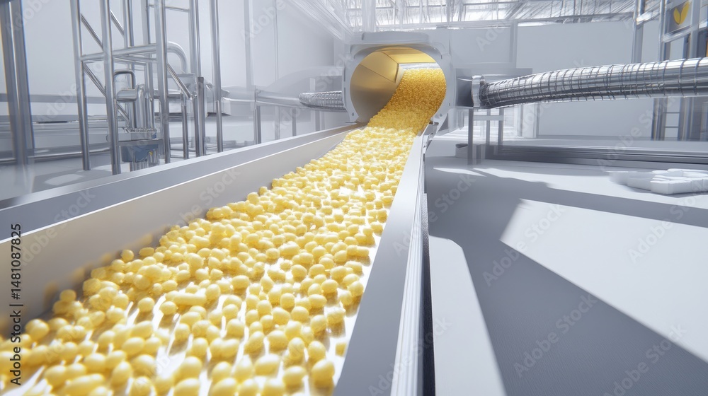 Product entering packaging chute and being dropped into molded tray ...