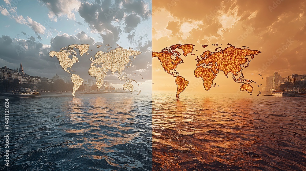 Illustration Stock Before after climate visualization with temperature ...