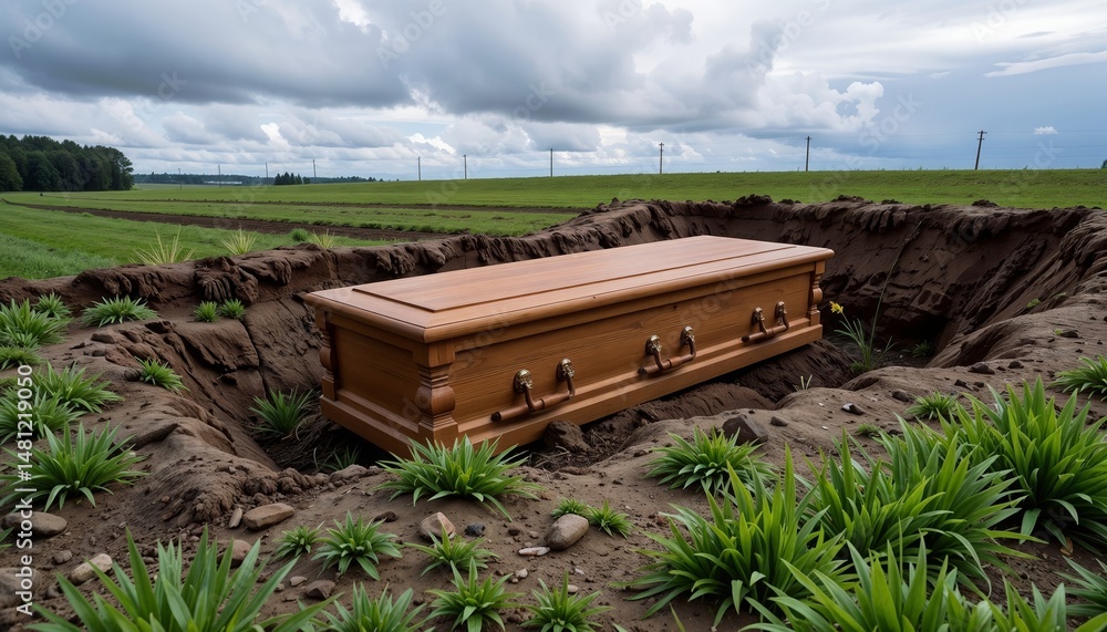 Wooden Coffin in Open Grave on Rural Field – Burial Ritual, Death ...