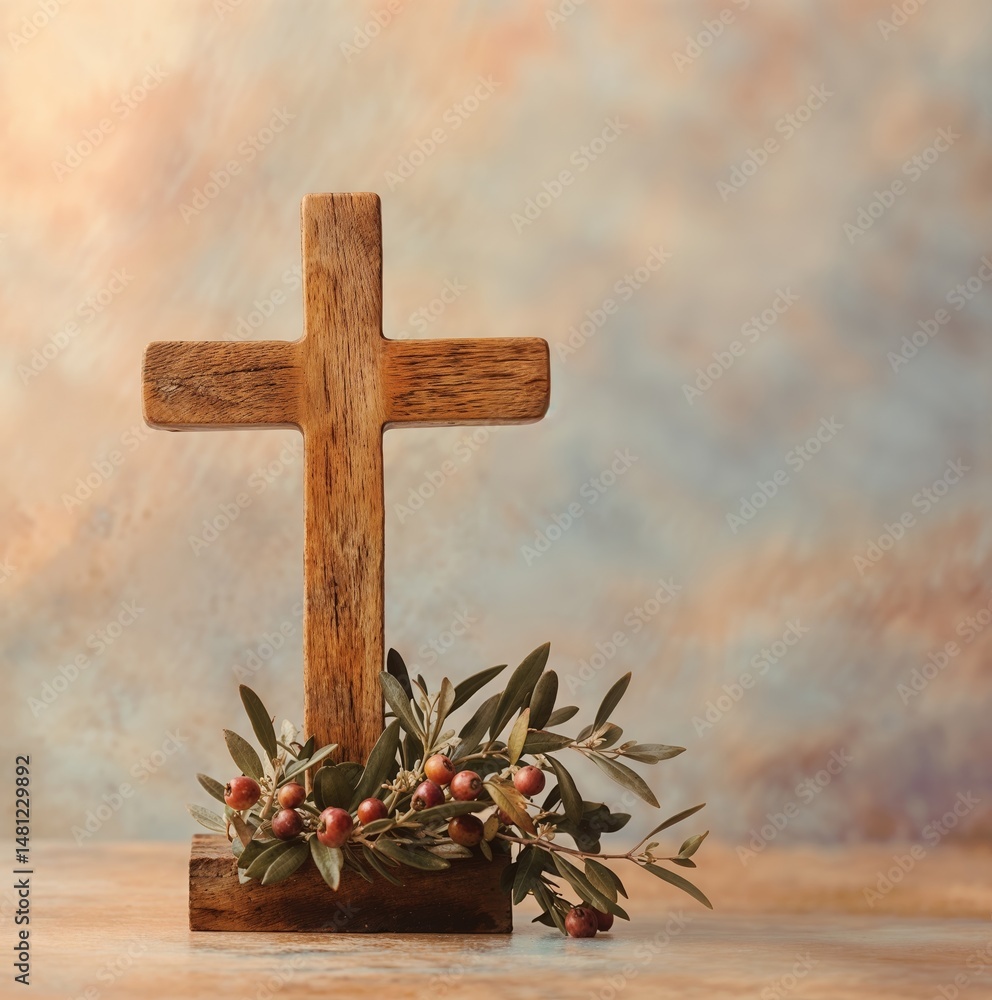 Wooden Cross with Olive Branch on Soft Background — Christian Symbol of ...