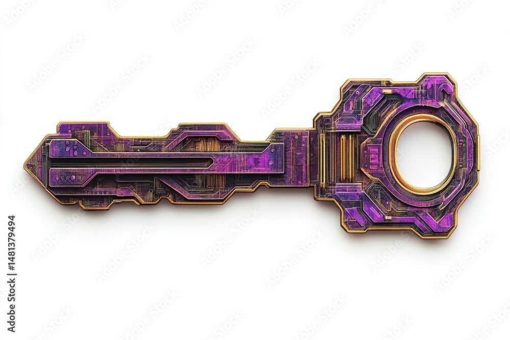 Futuristic key with circuit board design. A stylized key, rendered in a ...