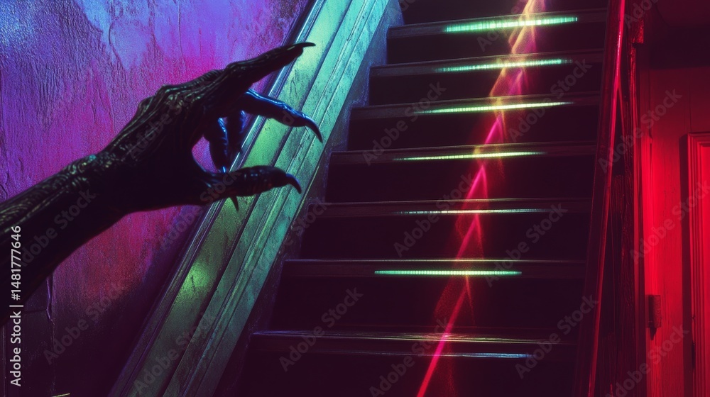 Creepy clawed hand pointing toward glowing stairs spooky concept ...