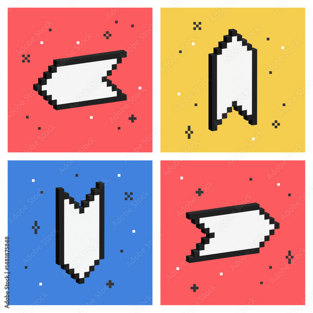 Volumetric pixel pointers set. 8 bit isometric arrows. 3D signs for 4 ...