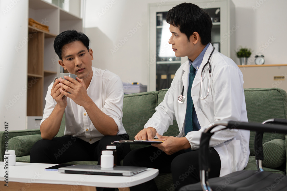 Concerned male patient, patient talks with healthcare professional and ...