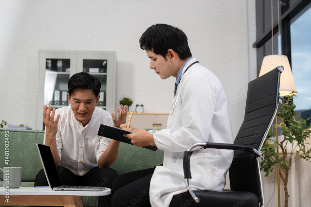 Concerned male patient, patient talks with healthcare professional and ...