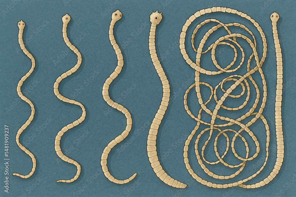 Illustration of various tapeworm species on blue background for ...