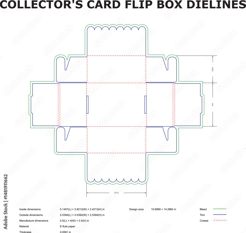 Collector card flip box die cut template layout with dimensions and ...