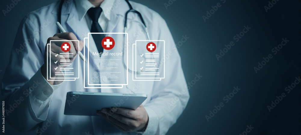 Digital healthcare concept with doctor updating electronic health ...