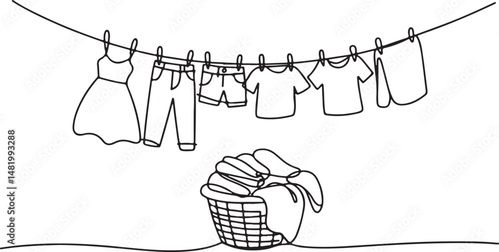 Continuous one line drawing of clothes hanging on a clothesline with a ...