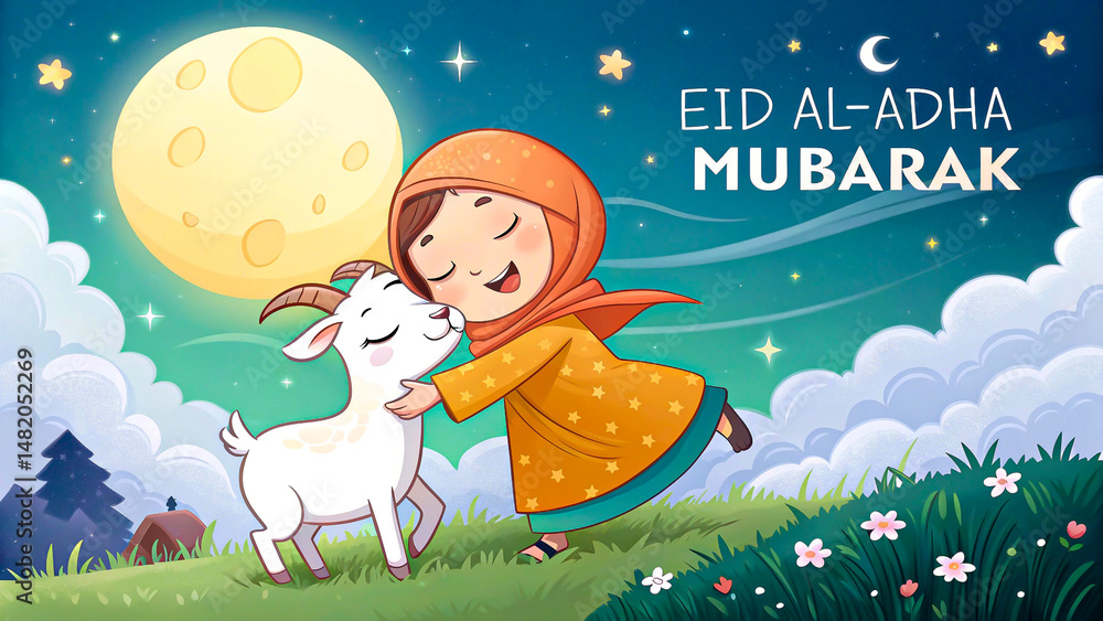 Eid al-Adha Mubarak Greeting with a Girl and Goat,ute Girl, Hijab ...