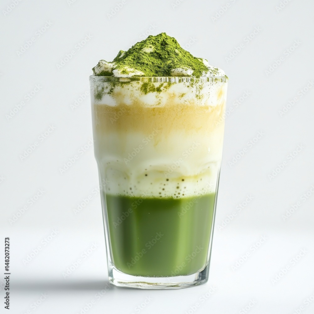 Refreshing iced matcha latte with frothy milk and matcha powder on top ...