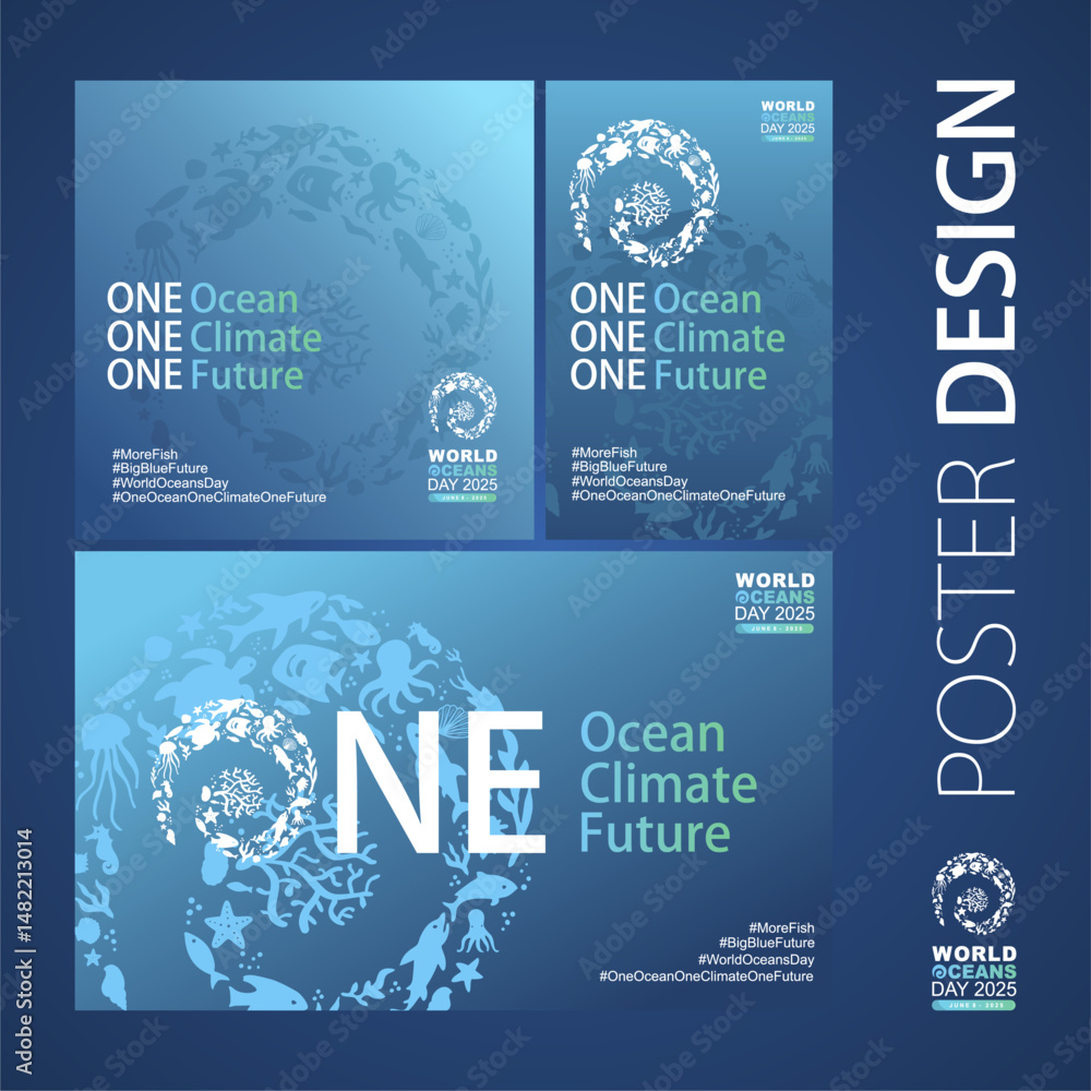Set of World Oceans Day 2025 poster with marine life and sustainability ...