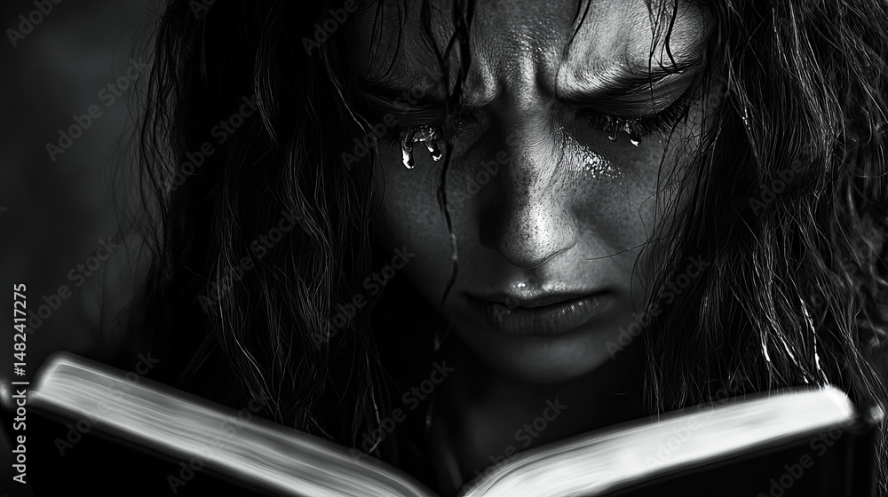 Sad woman crying while reading a book dramatic black and white portrait ...