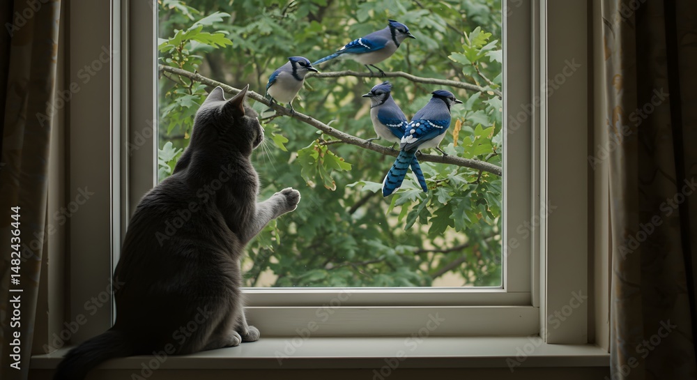 Gray Cat Watching Blue Jays Through Window Stock Illustration | Adobe Stock