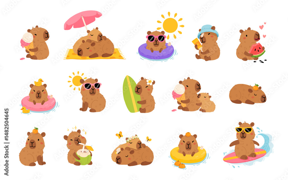 Set of cute summer capybaras in various poses and items. Hand drawn ...