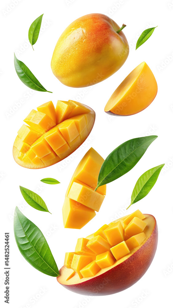 flying mango fruit and half slices isolated on transparent white ...