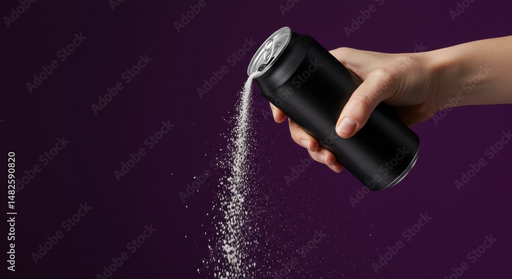 Hand pouring white powder from black can representing sugar in drink ...