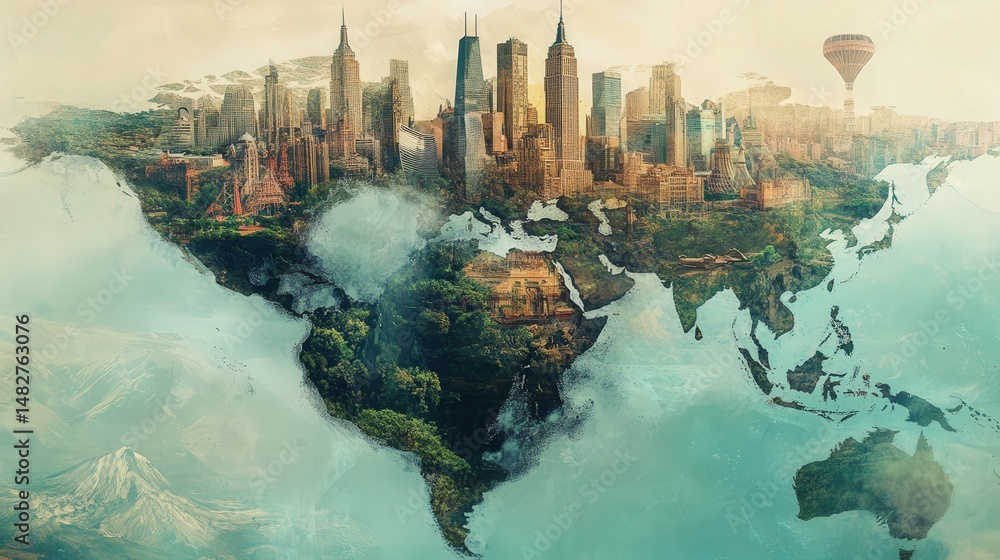 layered background where each continent is represented by its unique ...