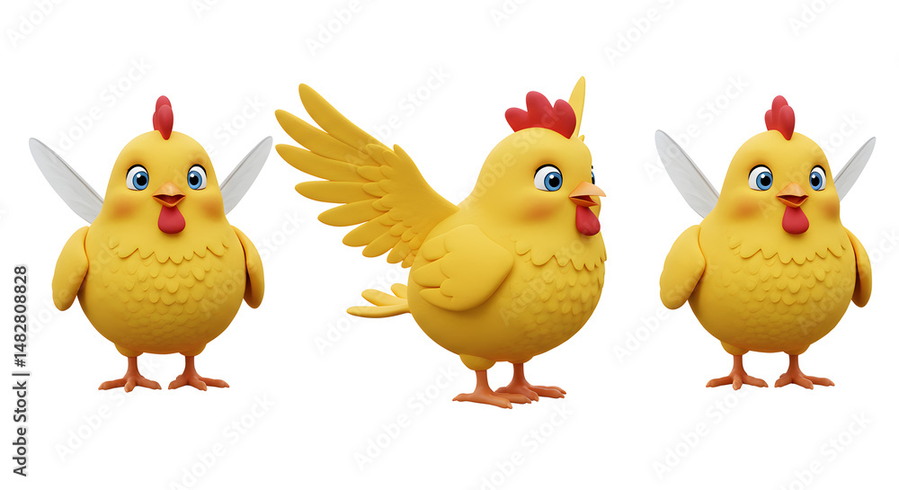 Animated Yellow Chickens With Red Combs and Blue Eyes on a White ...