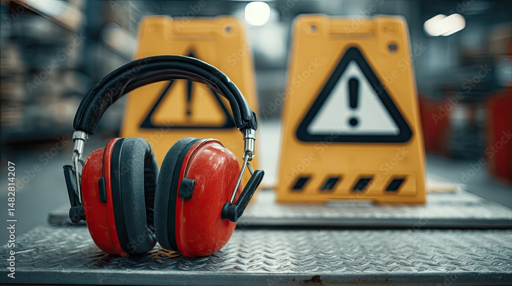 Earmuffs shown next to safety signage and warning labels in a factory ...