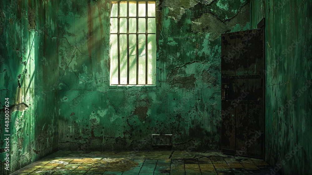Foto de Stock Abandoned prison cell with decaying green walls, barred window casting shadows on ...
