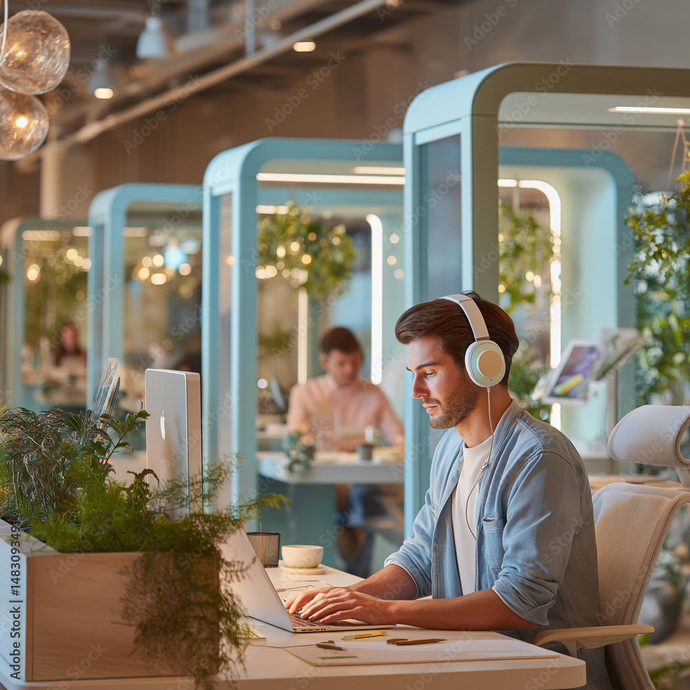 Sensory-friendly office space with noise-canceling pods, adjustable ...