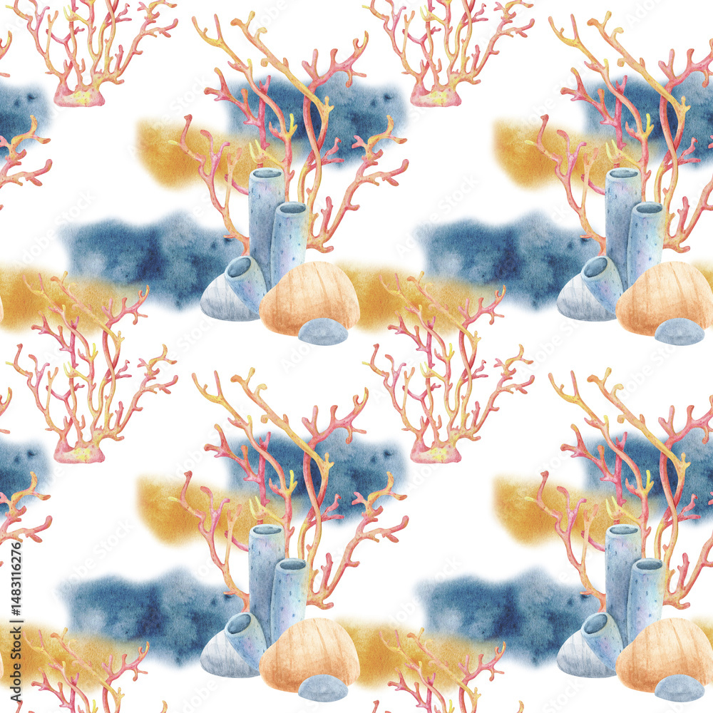 Seamless watercolor pattern with coral reef elements: anemones, sponges ...
